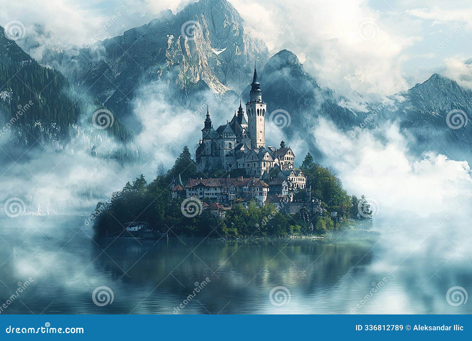 Fairy Tale Castle on the Lake Surrounded by Mountain Peaks. Ai ...