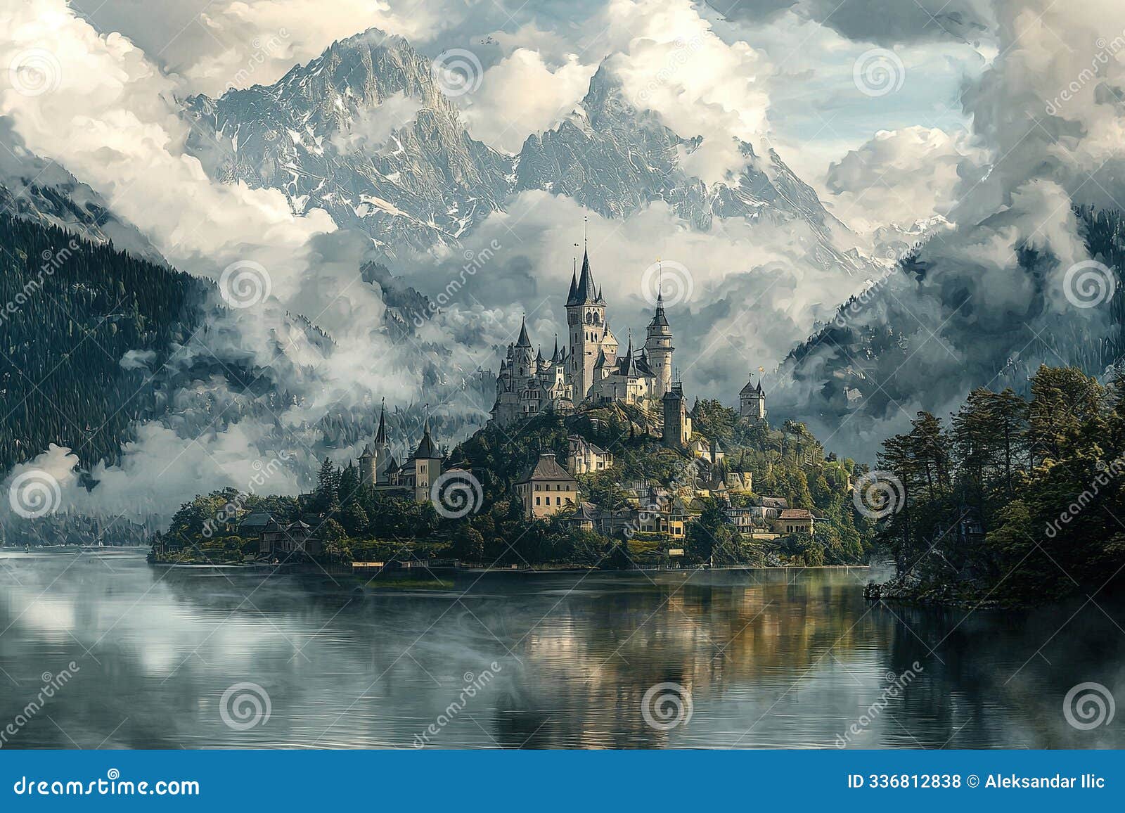 Fairy Tale Castle on the Lake Surrounded by Mountain Peaks. Ai ...