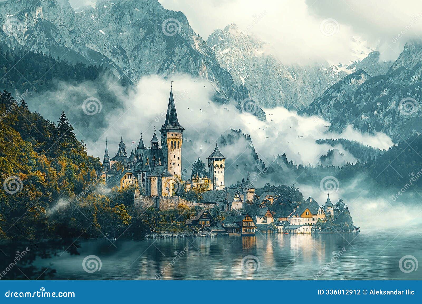 Fairy Tale Castle on the Lake Surrounded by Mountain Peaks. Ai ...