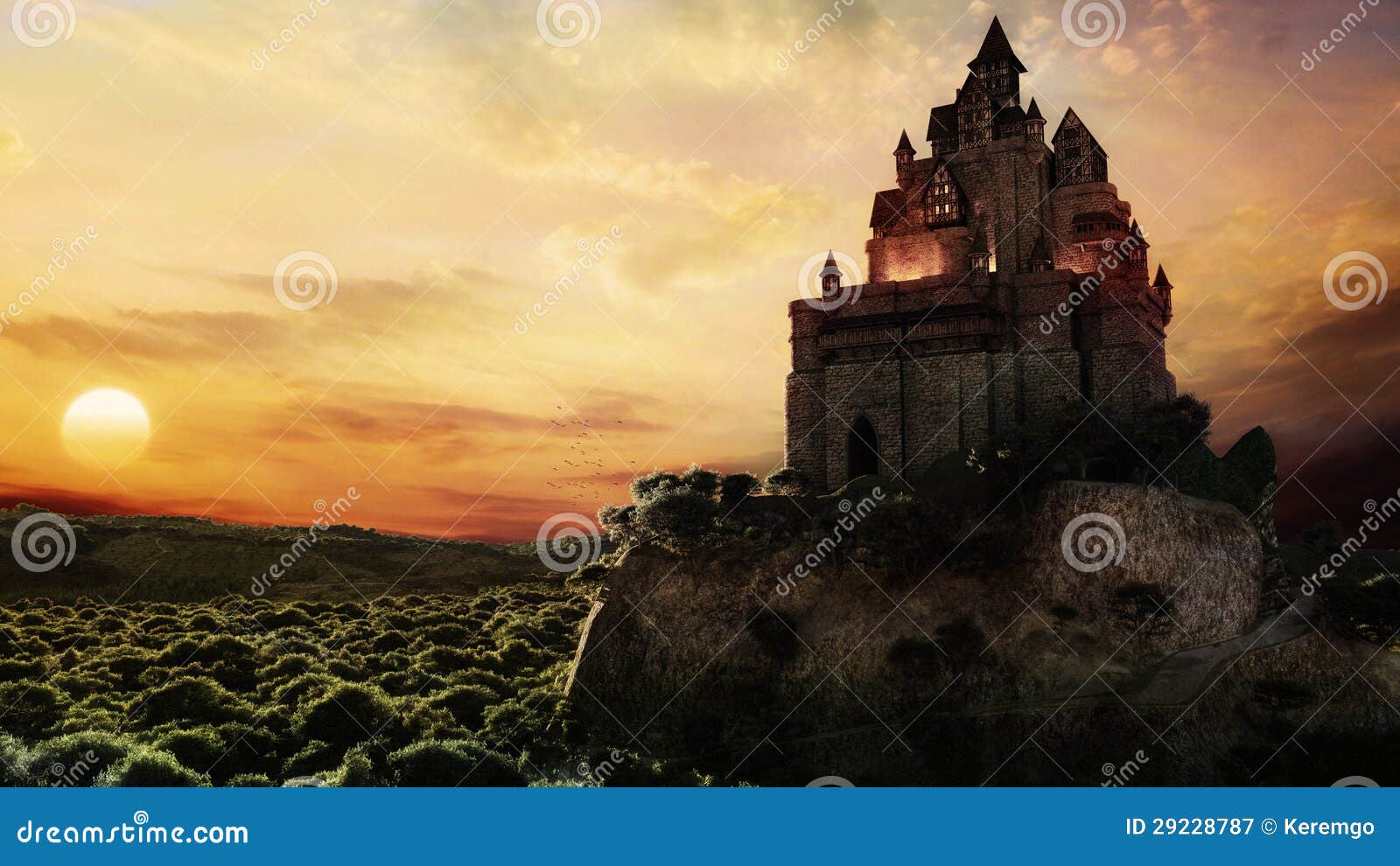 Fairy Tale Castle in the Sunset Stock Illustration - Illustration of ...