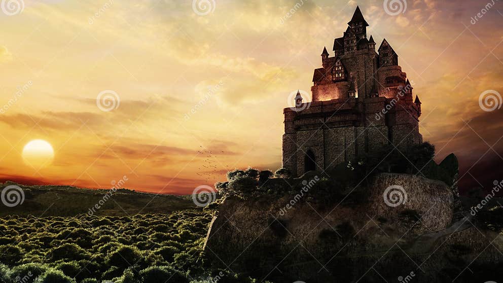 Fairy Tale Castle in the Sunset Stock Illustration - Illustration of ...