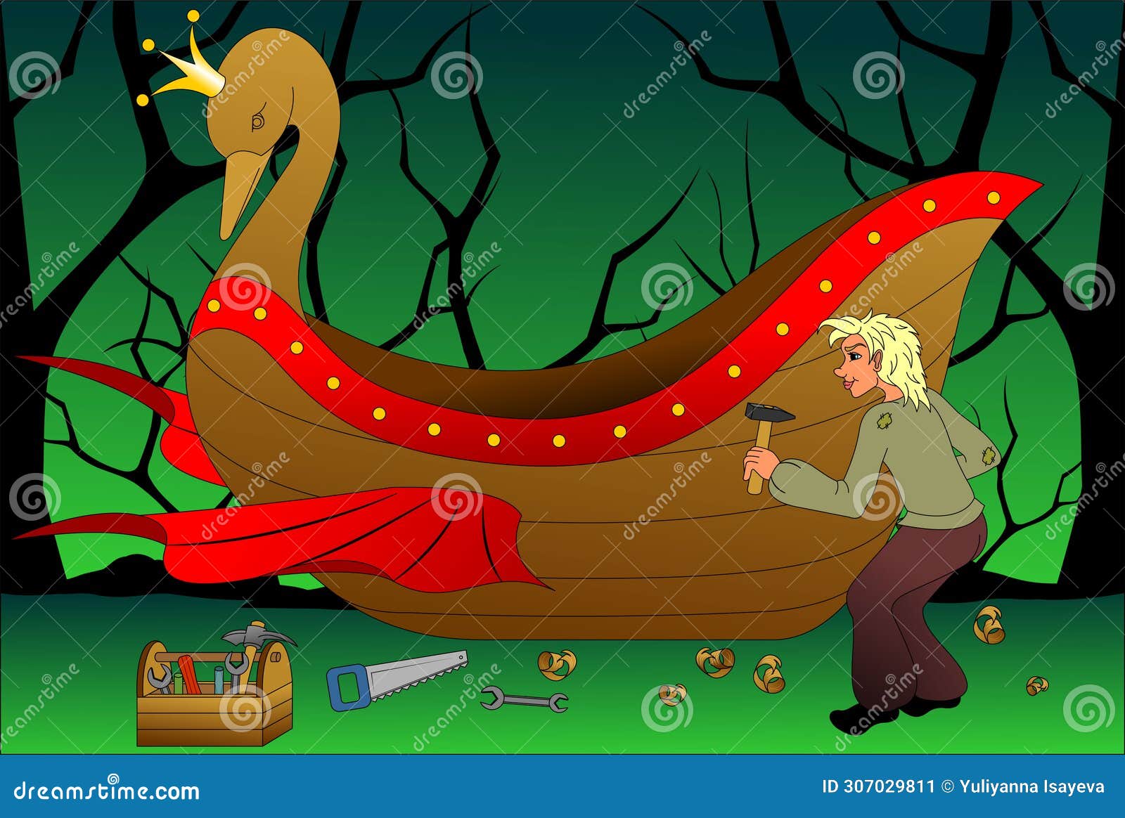 Fairy Tale. Flying Ship. the Character is Building a Magic Ship Stock ...