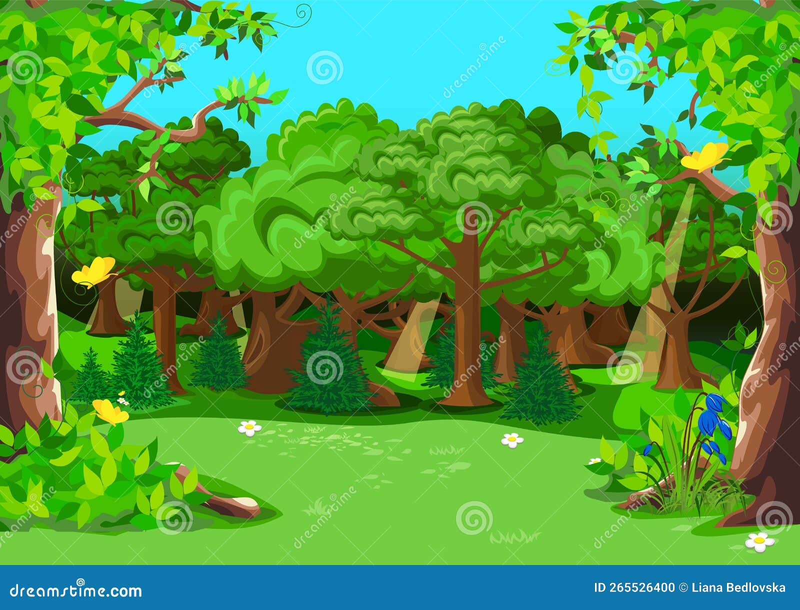 Fairy Tale Forest Glade with Big Trees, Blooming Flowers Stock Vector ...