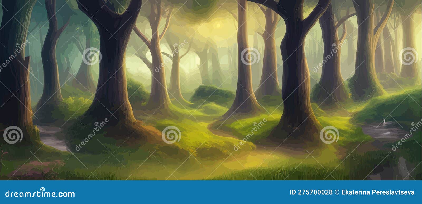 Fairy Tale Forest with Path and Flowers in Clearing, Spring Park Sun ...