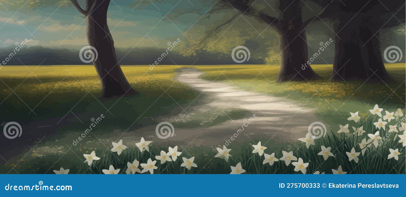 Fairy Tale Forest with Path and Flowers in Clearing, Spring Park Sun ...