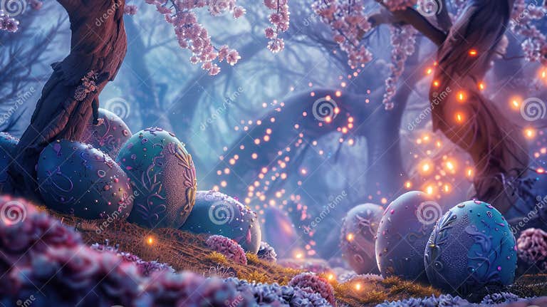 Mystical Easter Forest with Giant Sparkling Eggs Under Glowing Trees ...
