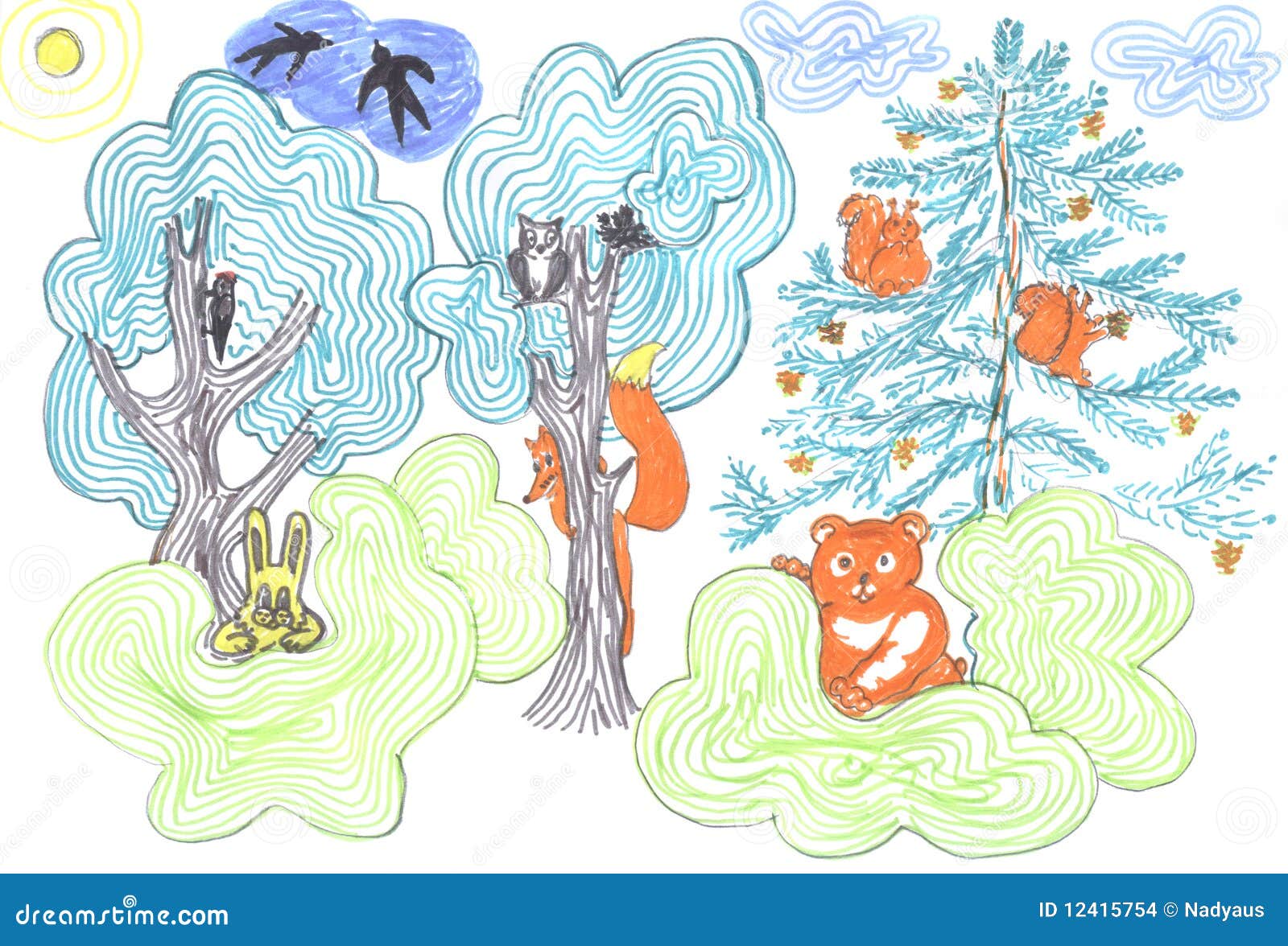 Fairy Tale Forest with Wild Animals Stock Illustration - Illustration ...