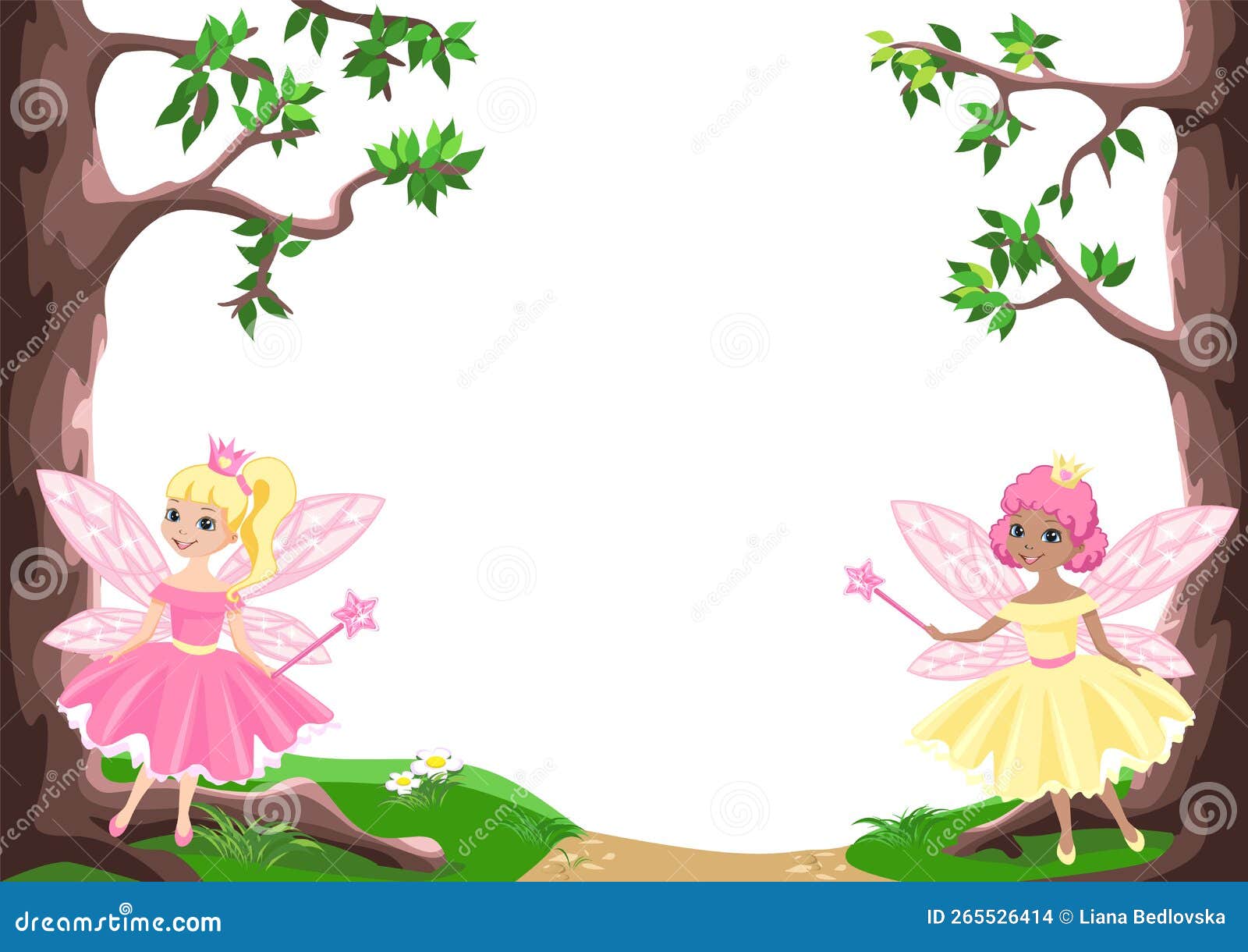 Fairy Tale Frame with Two Beautiful Little Fairies and Princesses Stock ...
