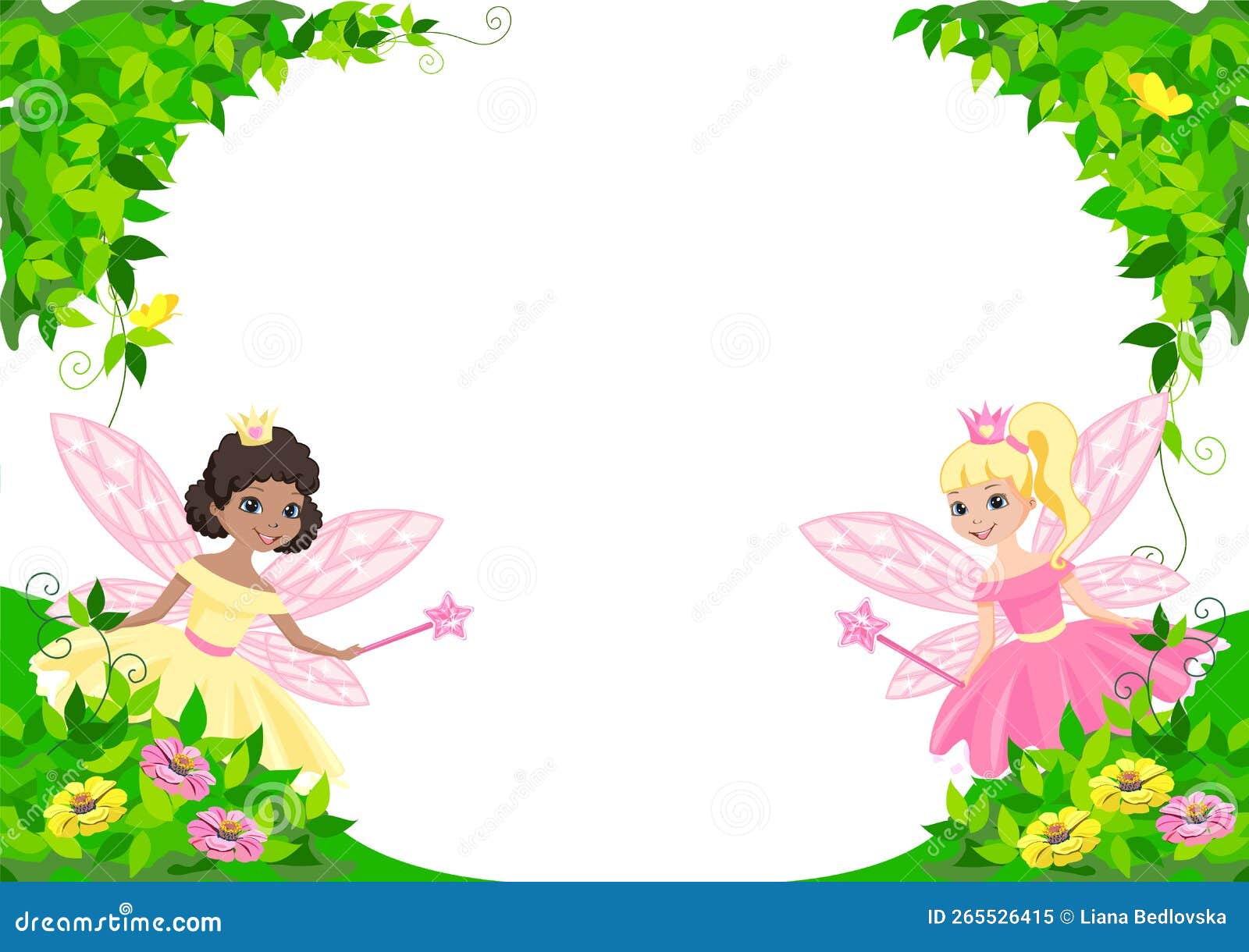 Fairy Tale Frame with Two Beautiful Little Fairies and Princesses Stock ...