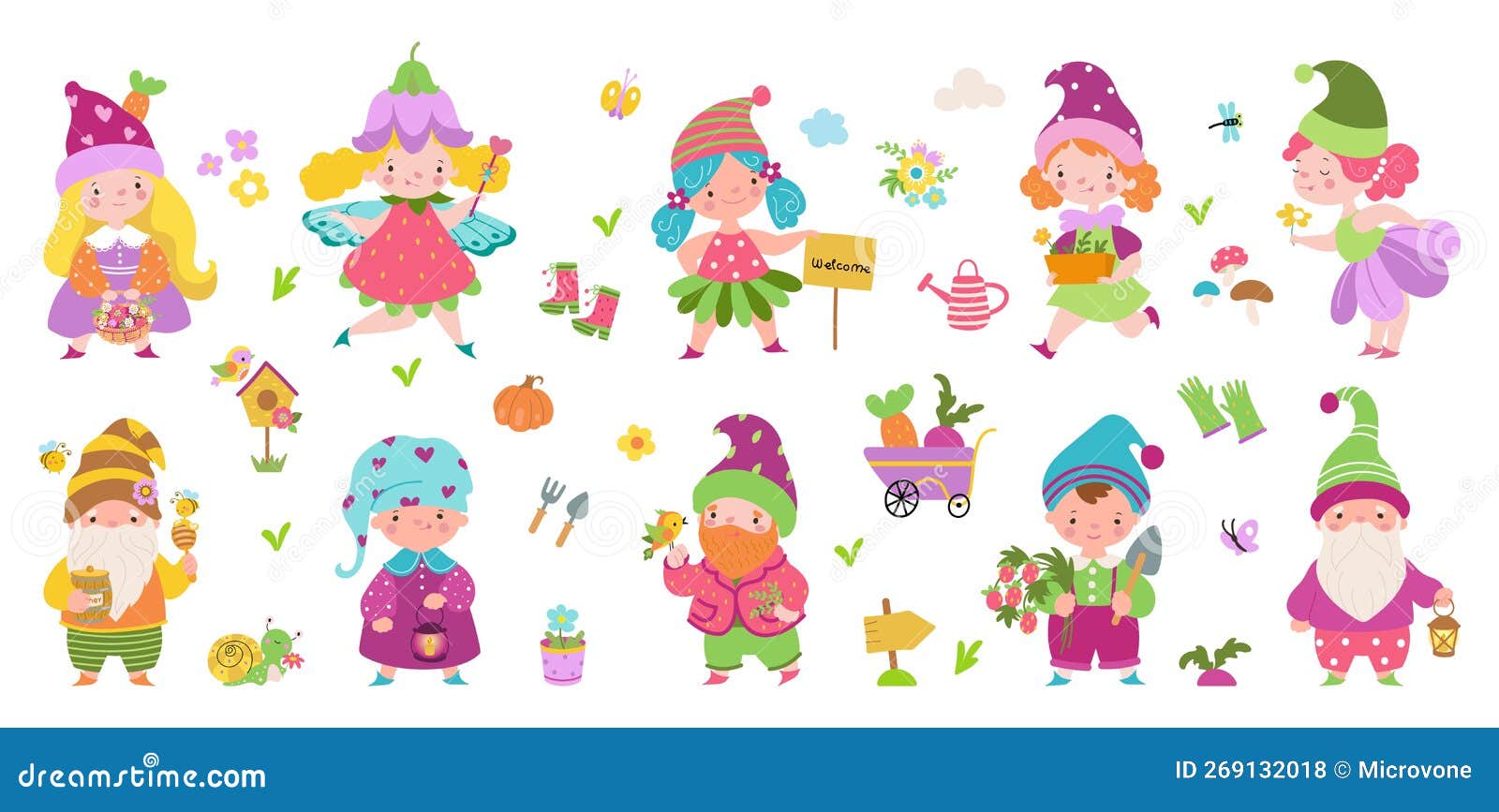 Fairy Tale Gnomes Set Cute Garden Dwarf And Fairlady Season Plants
