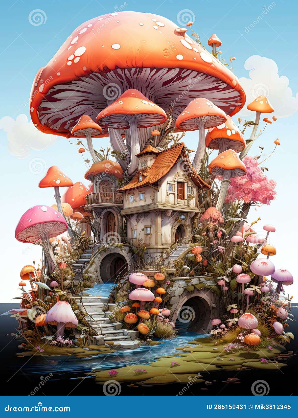 Fairy Tale House with Mushrooms. Stock Illustration - Illustration of ...