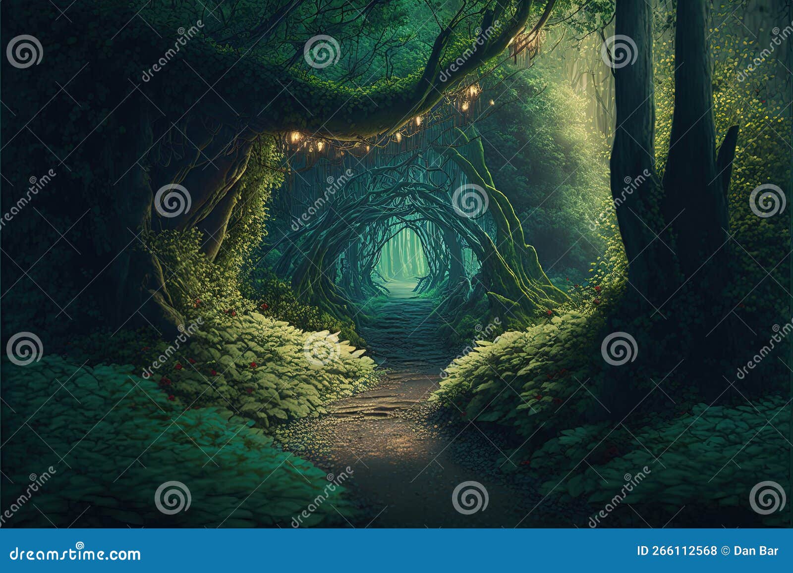 Fairy Tale Image with Fairy Forest, Tall Trees and Green Grass, and a ...