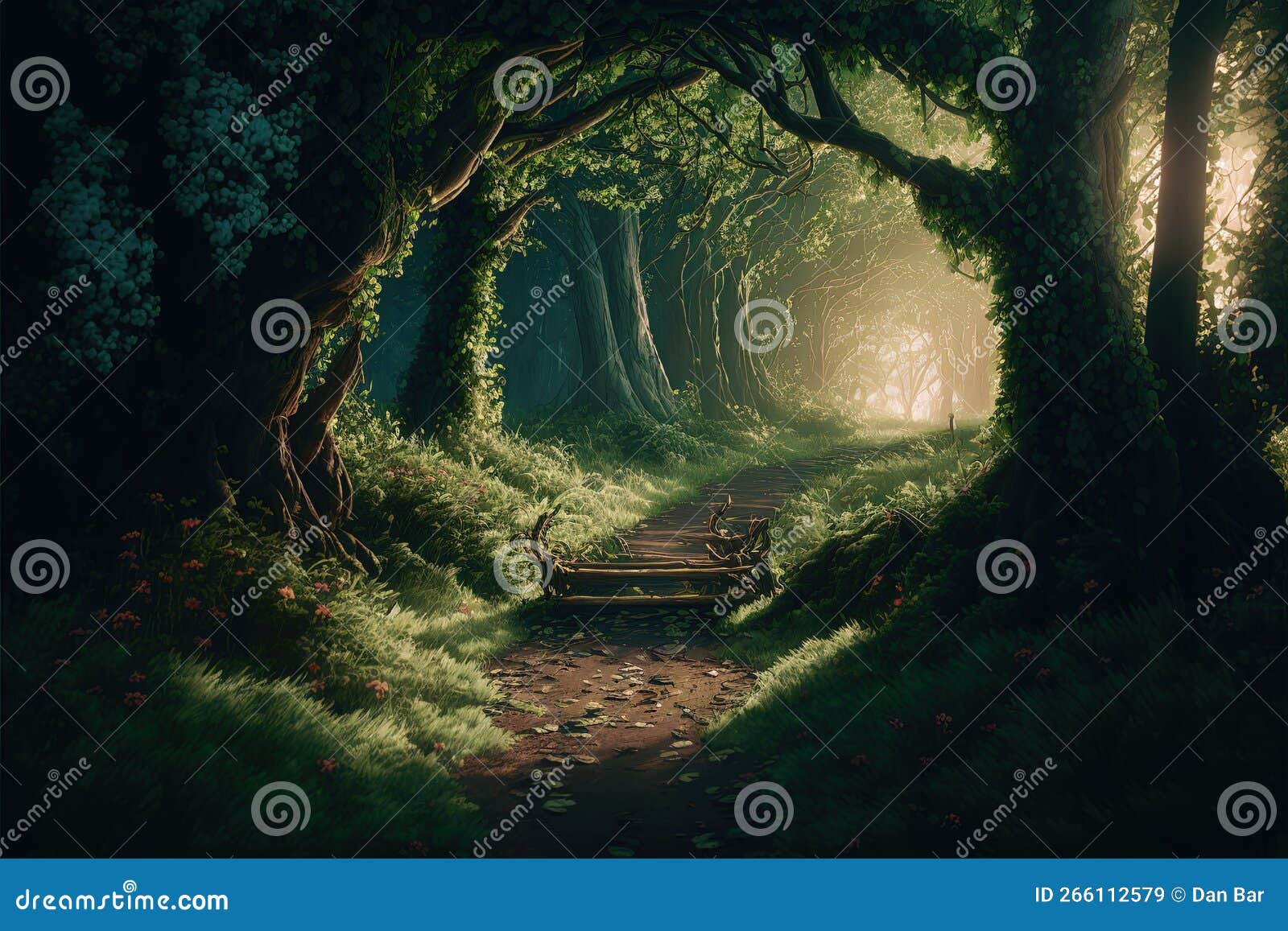 Fairy Tale Image with Fairy Forest, Tall Trees and Green Grass, and a ...