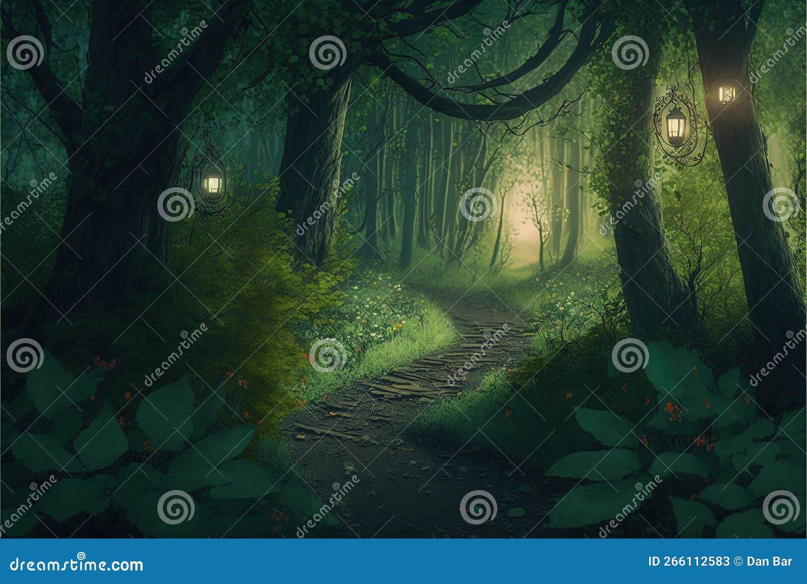 Fairy Tale Image with Fairy Forest, Tall Trees and Green Grass, and a ...