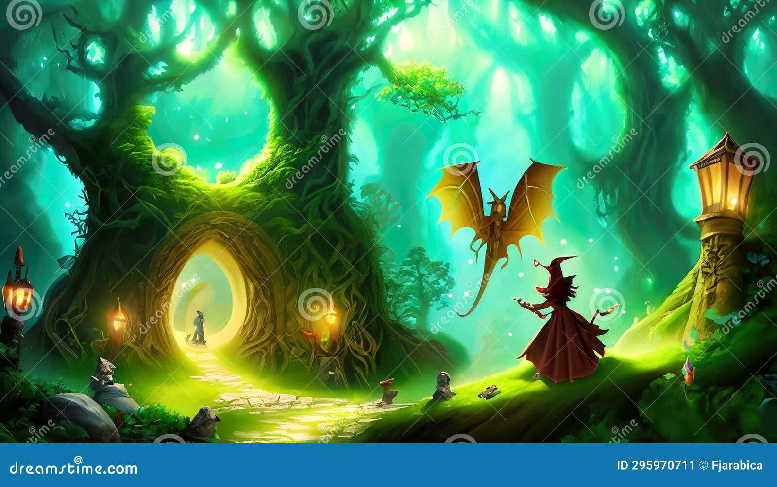 Fairy Tale Landscape with Fairy Creatures Stock Illustration ...