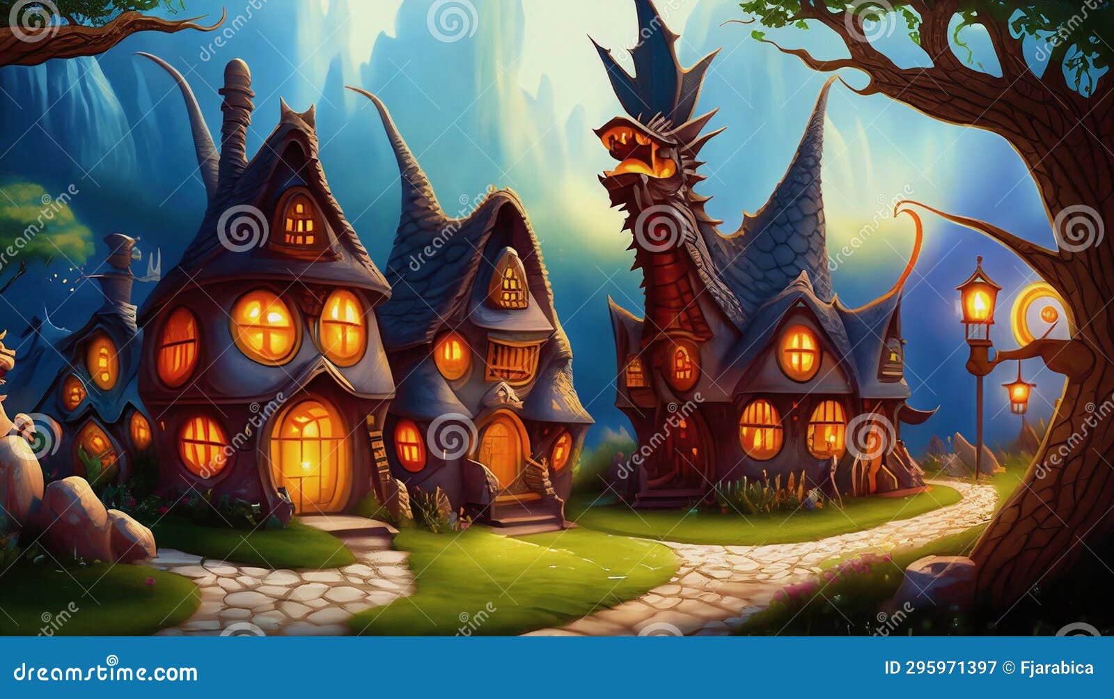 Fairy Tale Landscape with Fairy Creatures Stock Illustration ...