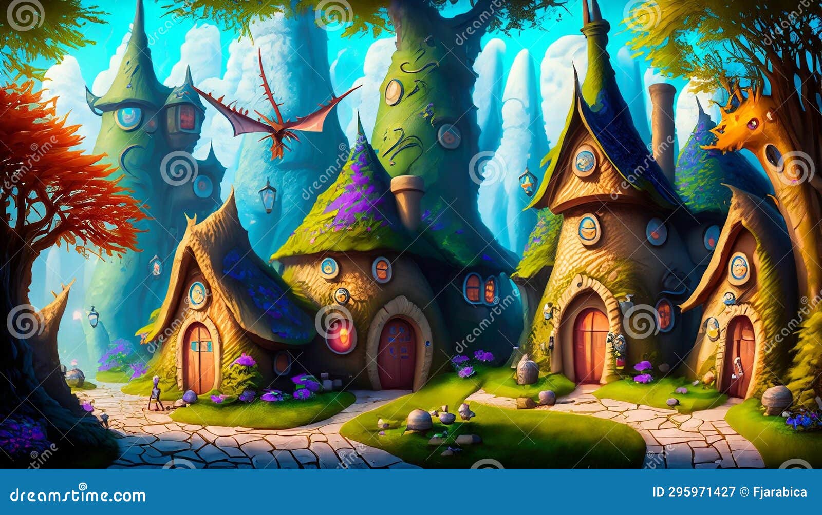 Fairy Tale Landscape with Fairy Creatures Stock Illustration ...