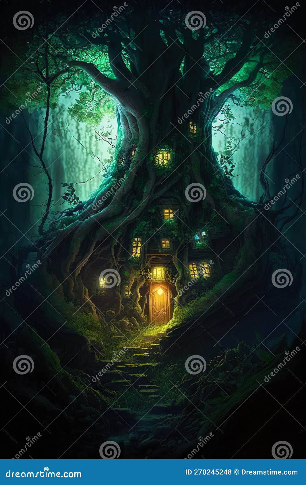 A Fairy-tale, Magical Tree in a Dark Forest with a House and Small ...