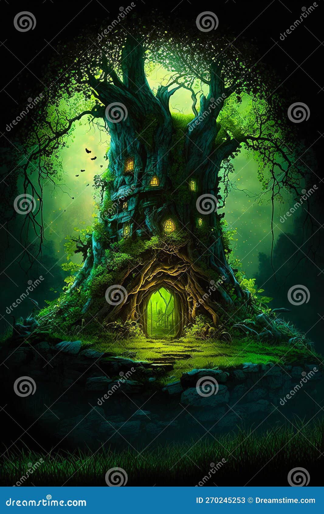 A Fairy-tale, Magical Tree in a Dark Forest with a House and Small ...
