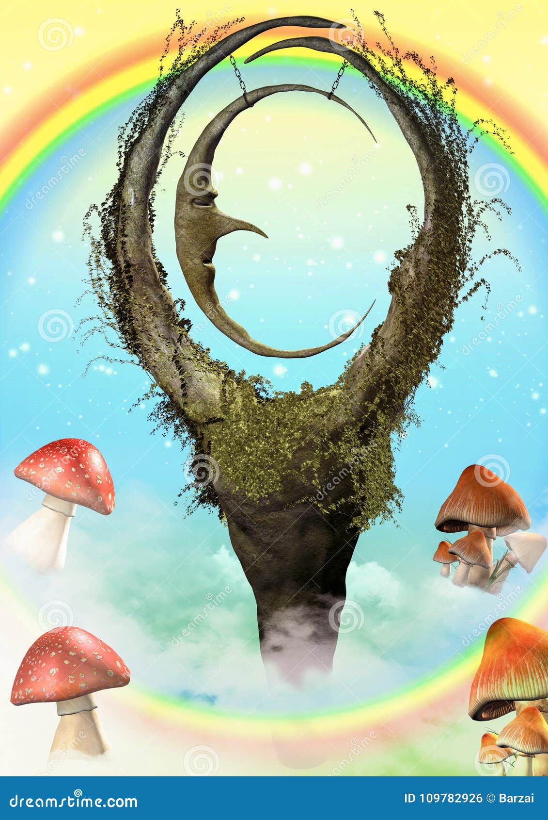 Fairy-tale Moon Statue with Mushrooms Stock Illustration - Illustration ...