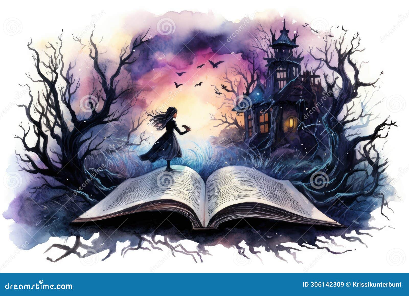 Fairy Tale Open Book with Witch Watercolor Design AI Generated Stock ...