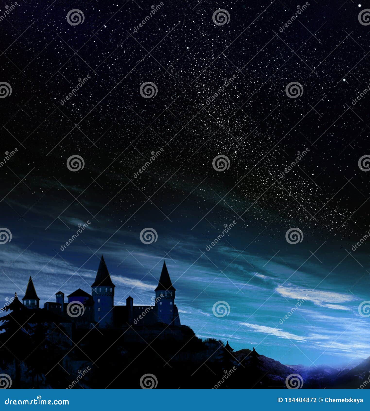 Fairy Tale World. Magnificent Castle Under Starry Sky Stock Photo ...