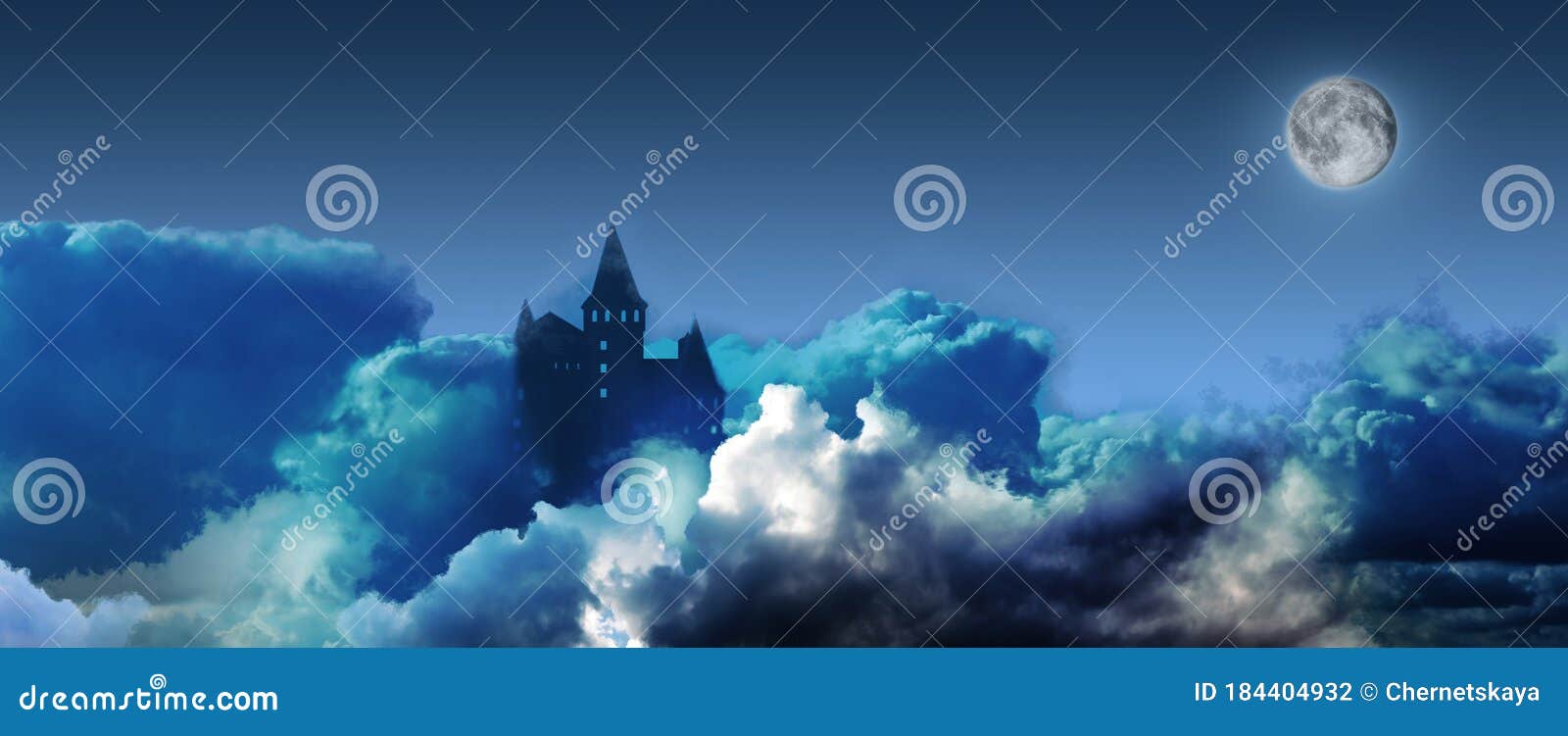 Fairy Tale World. Mysterious Castle Surrounded By Clouds Under Sky With ...