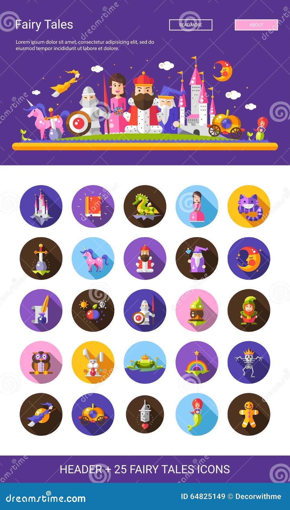 Fairy Tales Flat Design Cartoon Characters Icons Set with Header Stock ...
