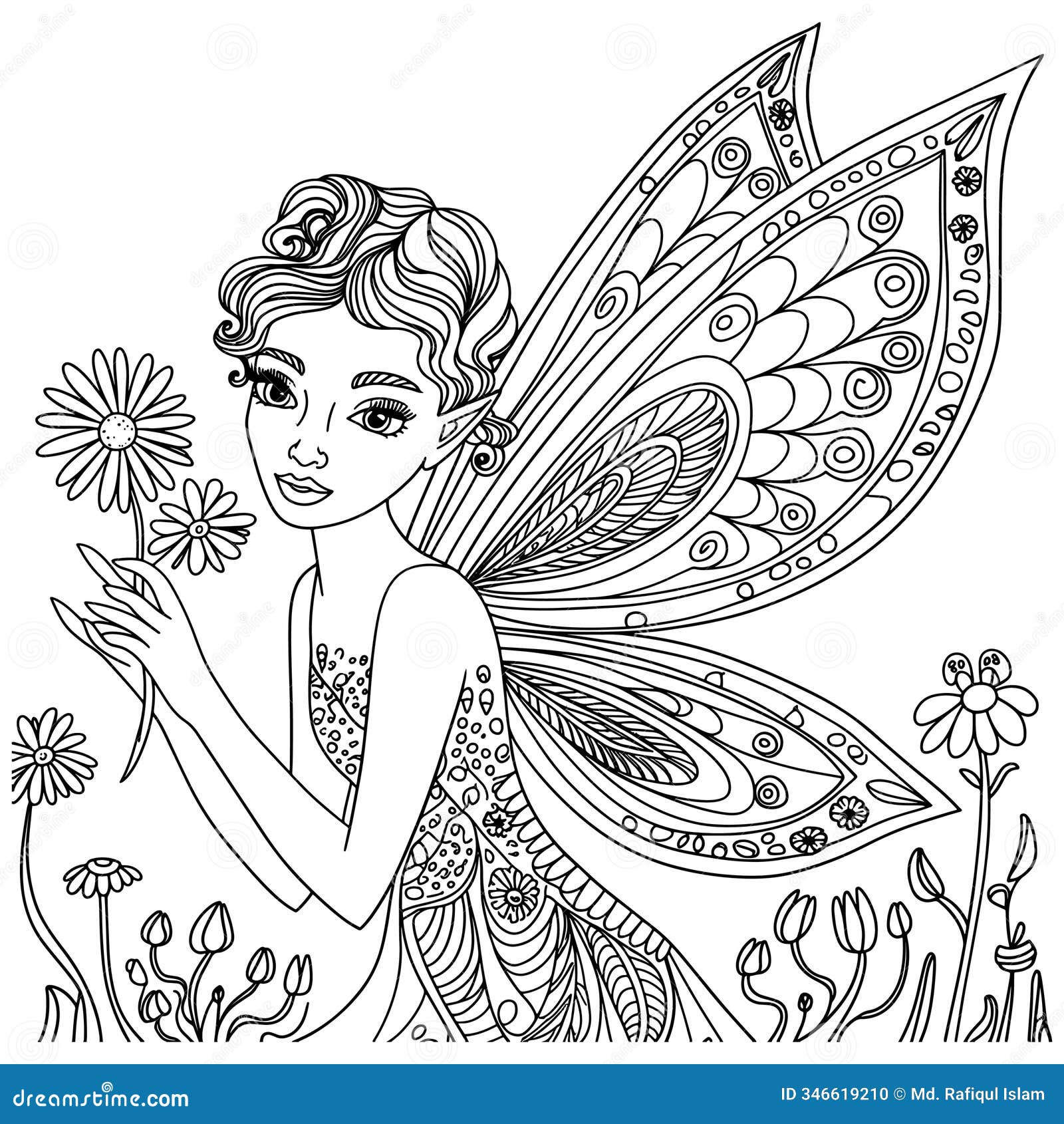 Fairy Tangles Lady With Wing Line Art Illustration Cartoon Vector ...