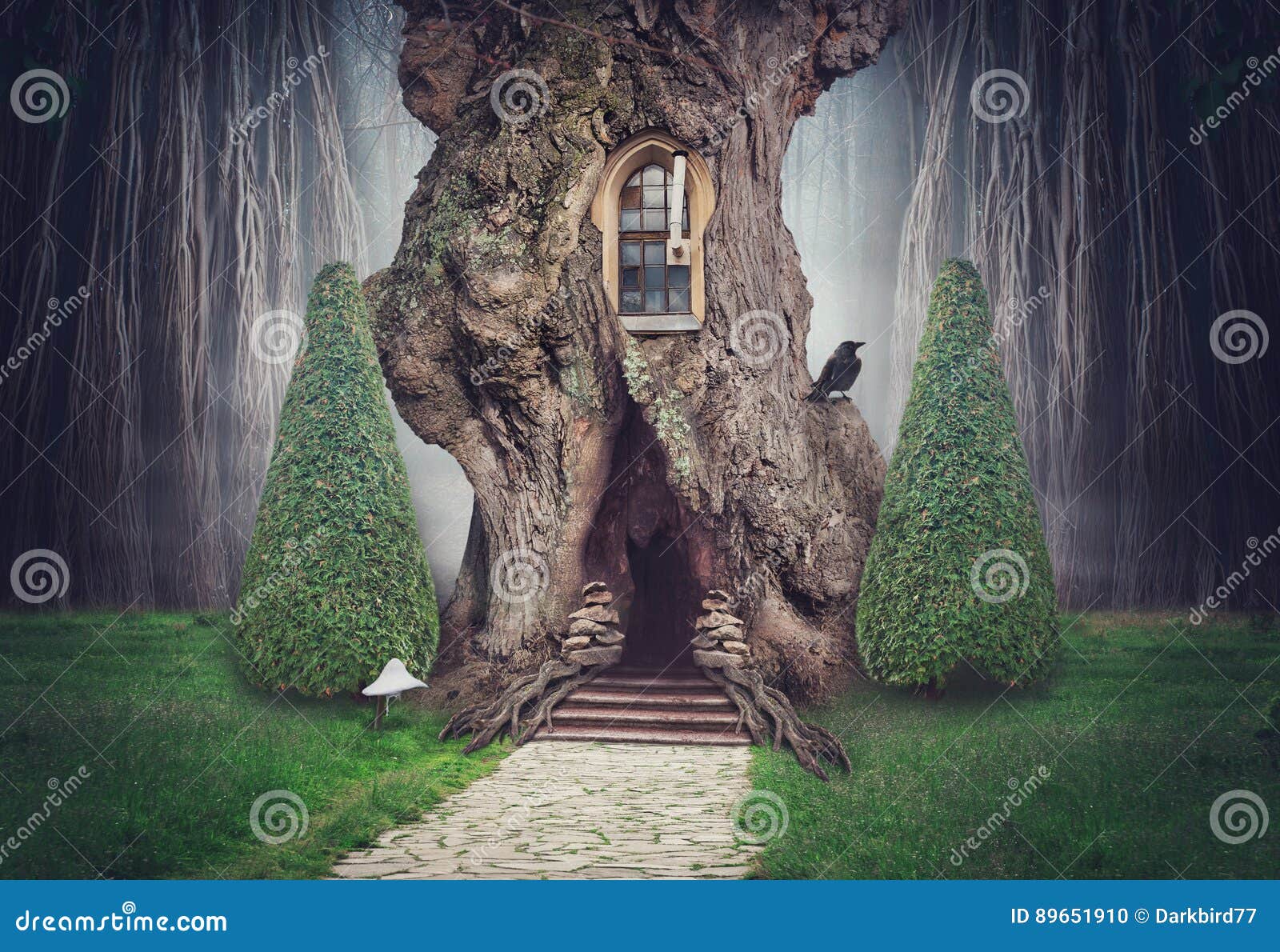Fairy Tree House In Fantasy Dark Forest Stock Photo | CartoonDealer.com ...