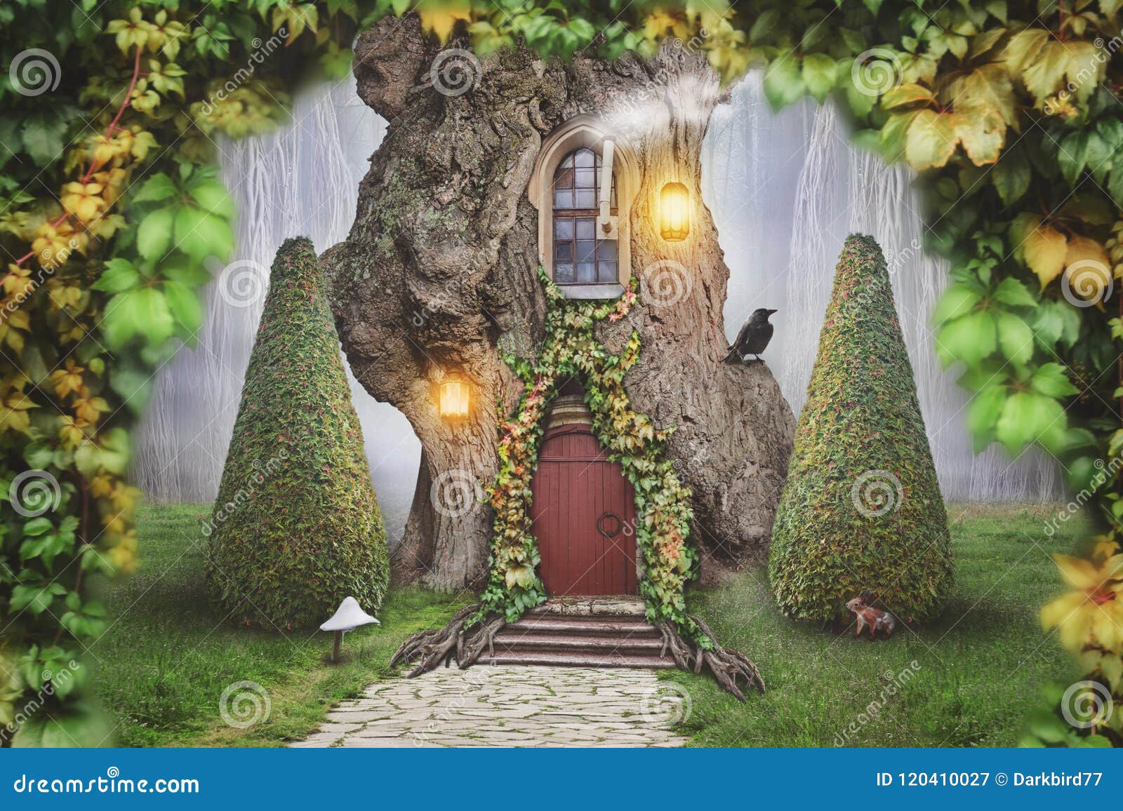 Fairy Tree House in Fantasy Forest Stock Image - Image of dreamy, mist ...