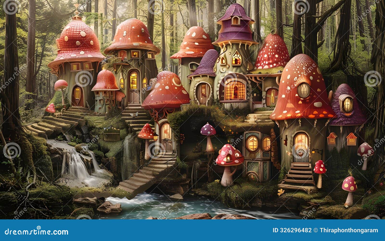 Fairy village in a forest stock illustration. Illustration of forest ...