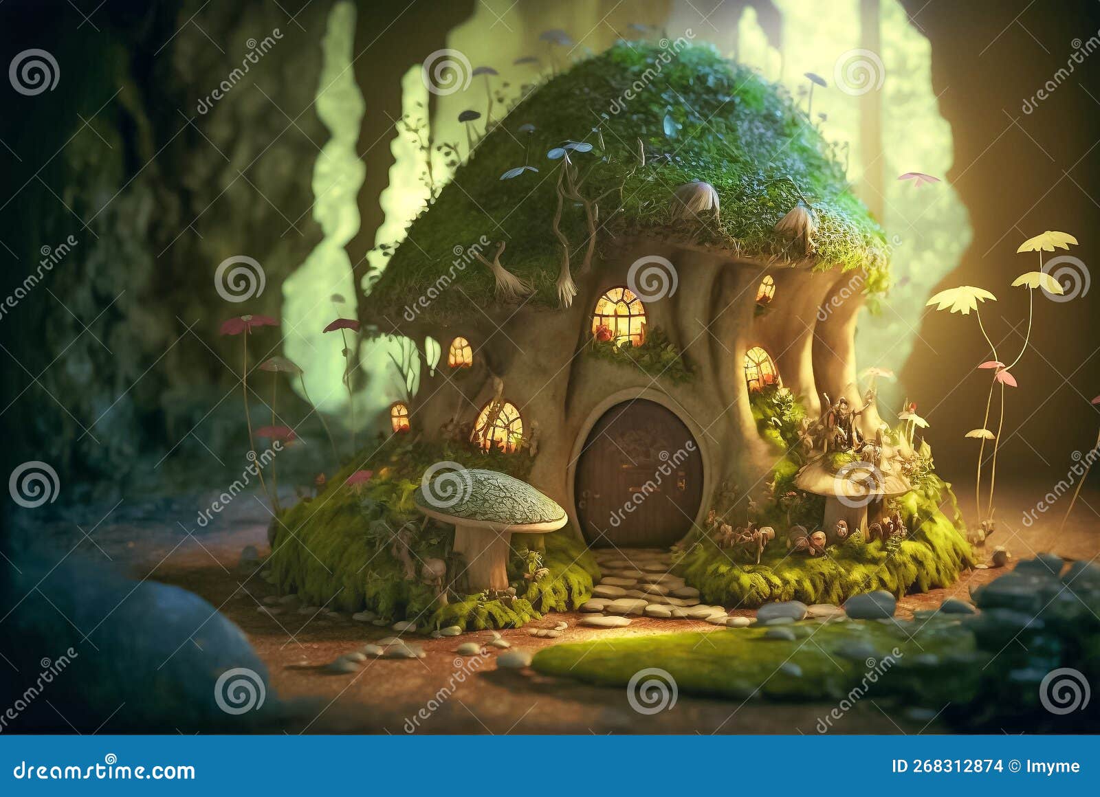 Fairy Village Under Toadstools and Old Tree Roots. Generative AI Stock ...