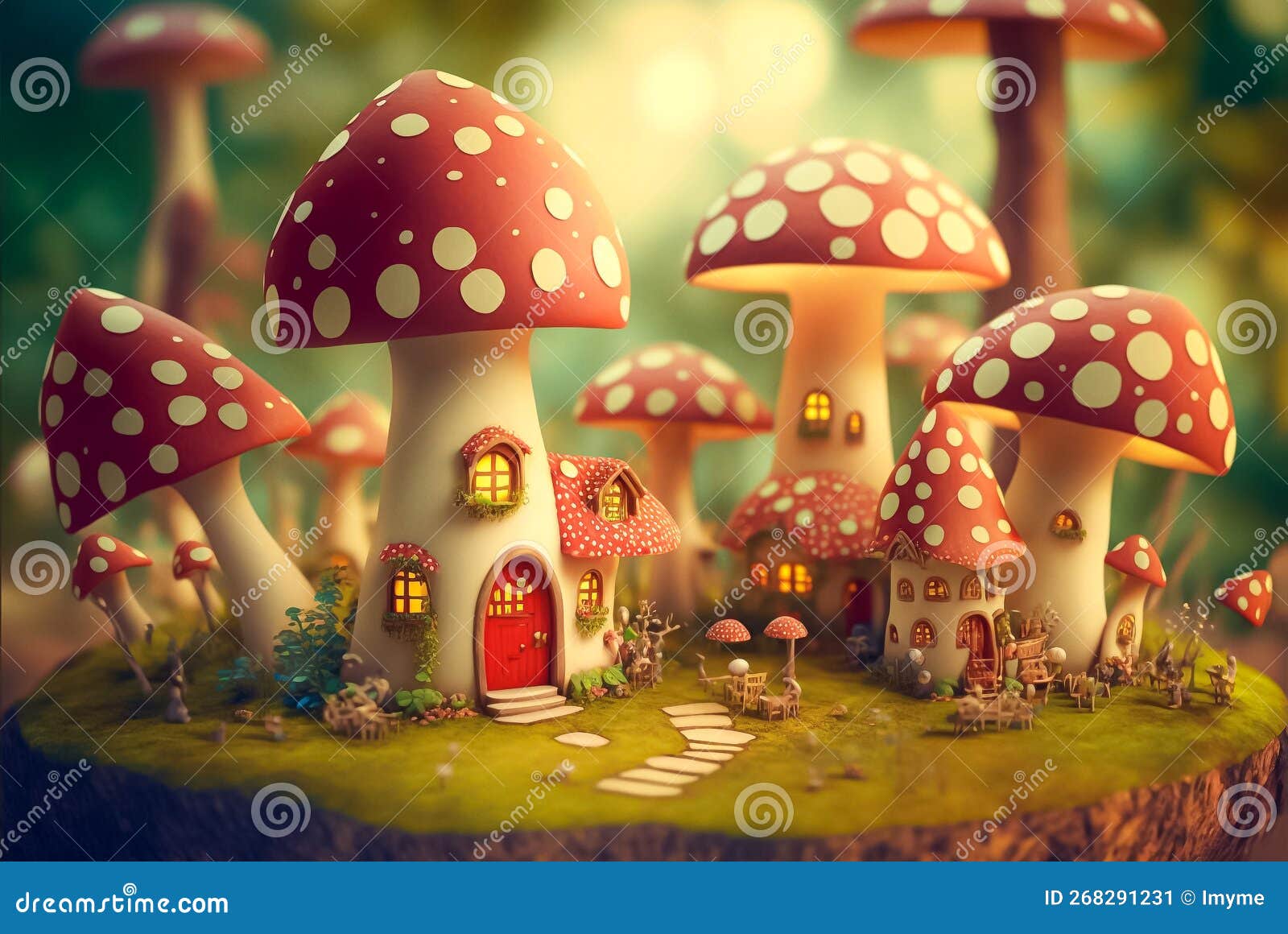 Fairy Village Under Toadstools and Old Tree Roots. Generative AI Stock ...