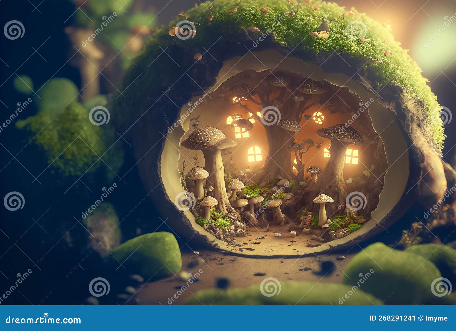 Fairy Village Under Toadstools and Old Tree Roots. Generative AI Stock ...