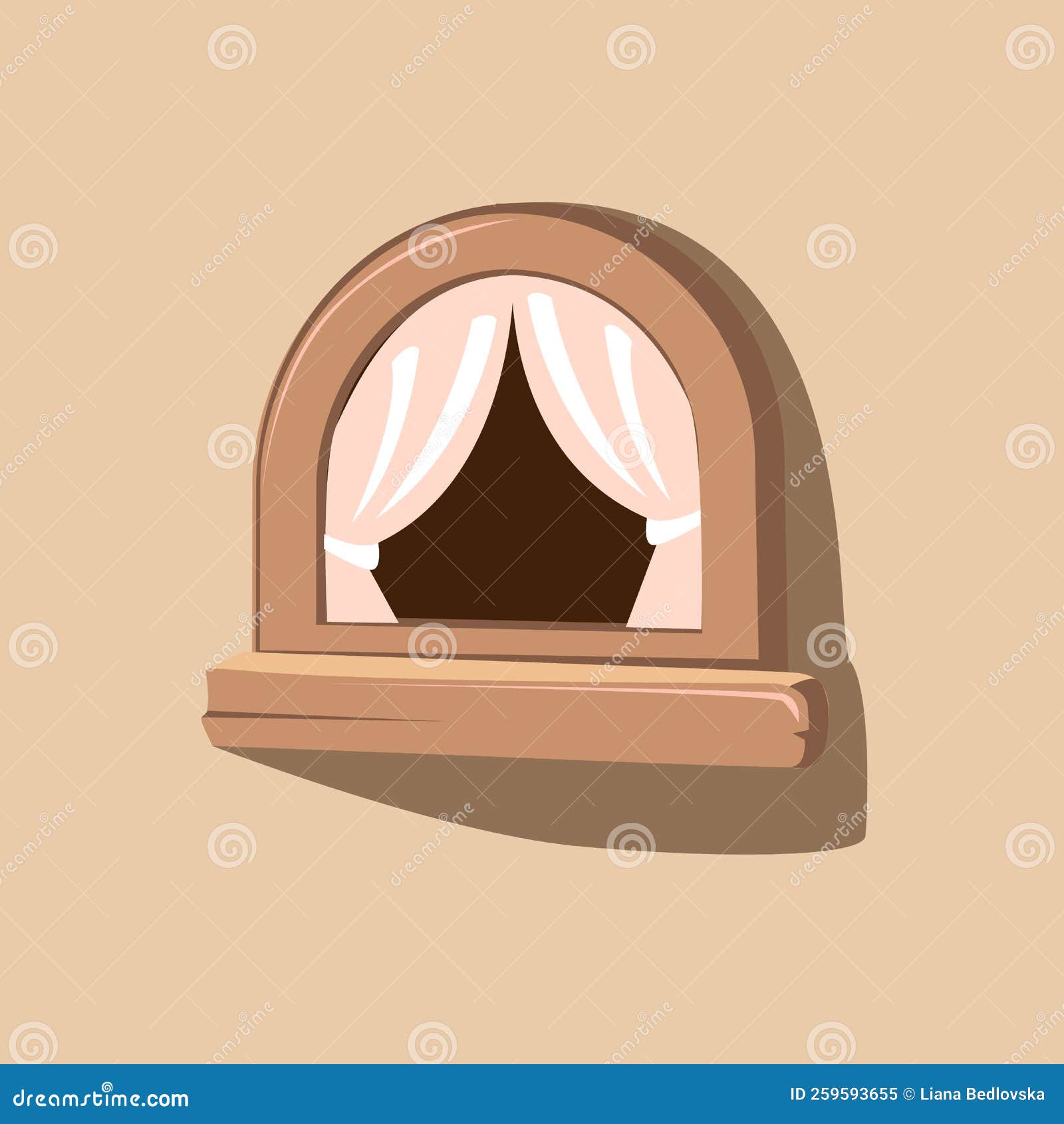 Fairy Tale Wooden Window with Pink Curtains in Cartoon Style Stock ...