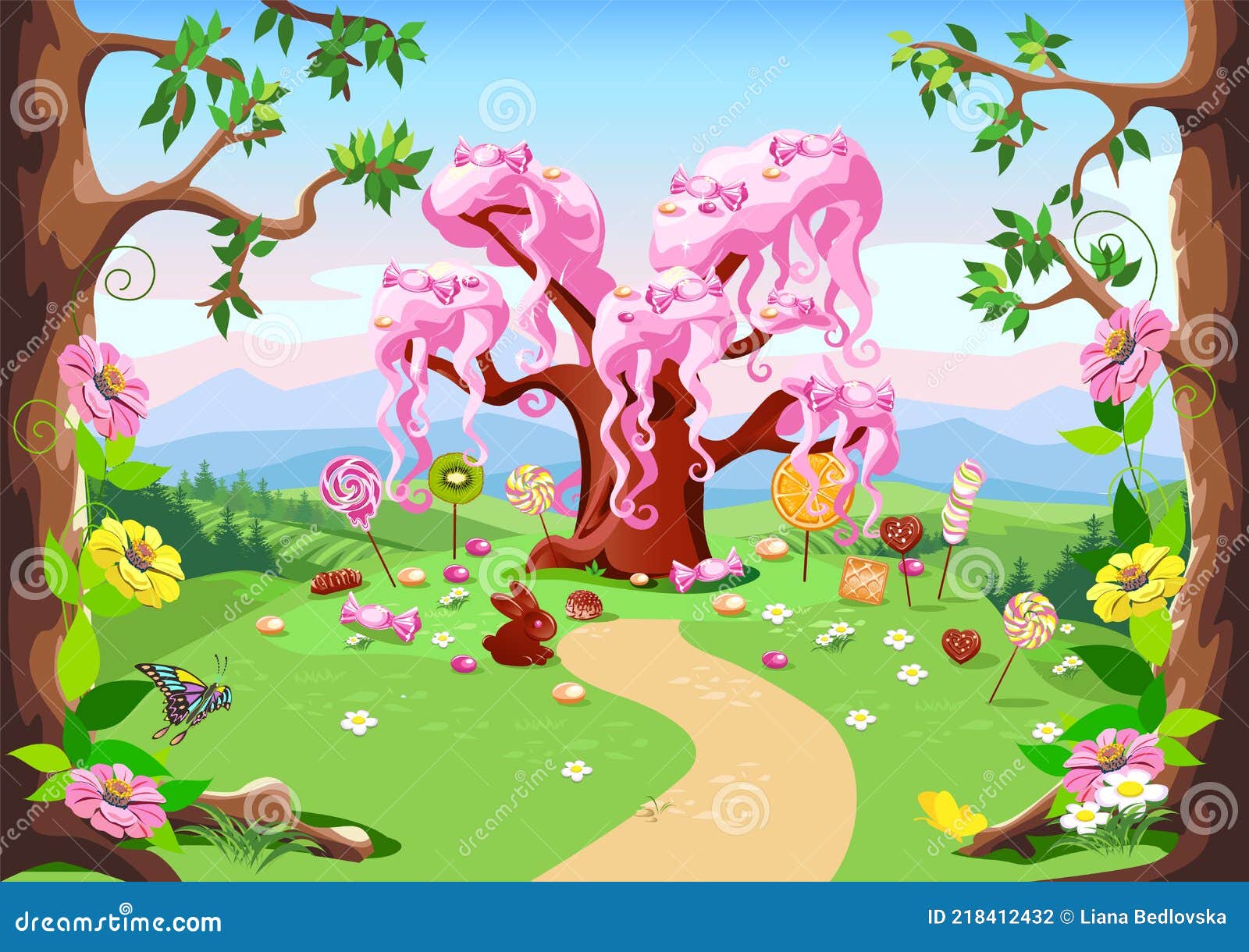 Sweet Tree and Candy Land in a Forest Glade Stock Vector - Illustration ...