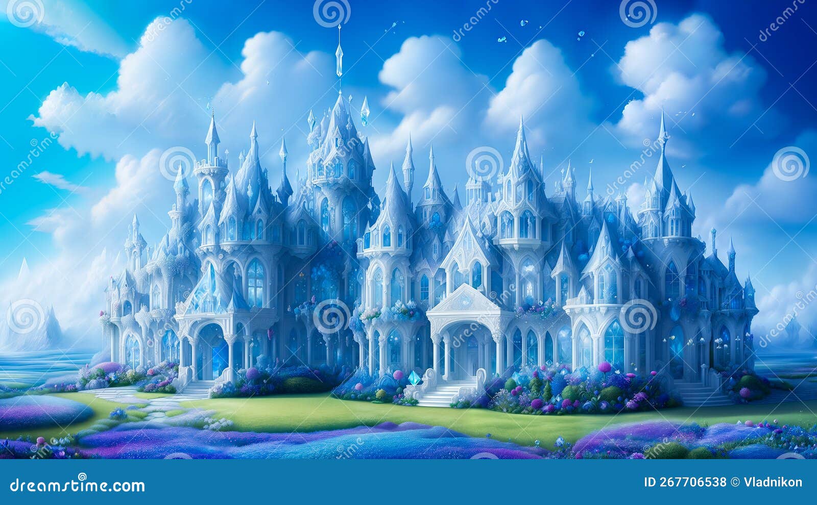 Fairytale Blue Castle in the Clouds Stock Illustration - Illustration ...