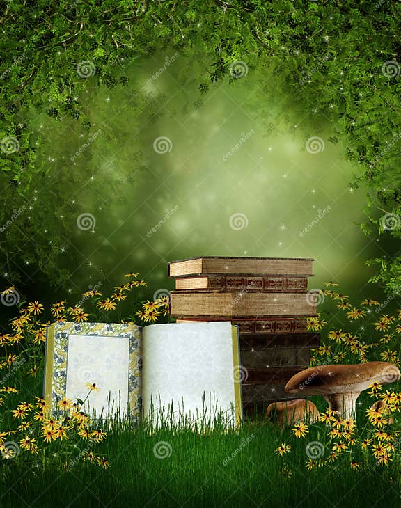 Fairytale Books on a Meadow Stock Illustration - Illustration of ...