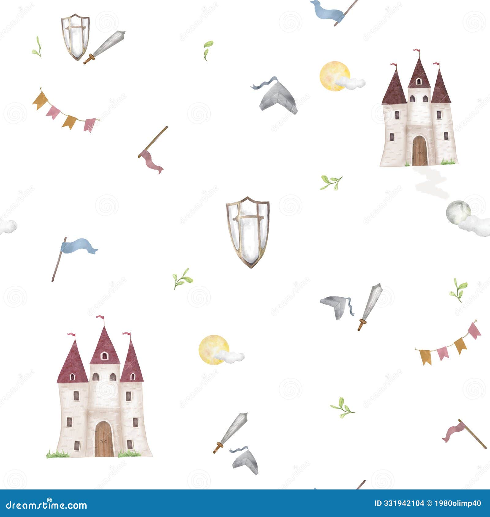 Fairytale Castle with Flags in Seamless Pattern. Knight S Shield and ...