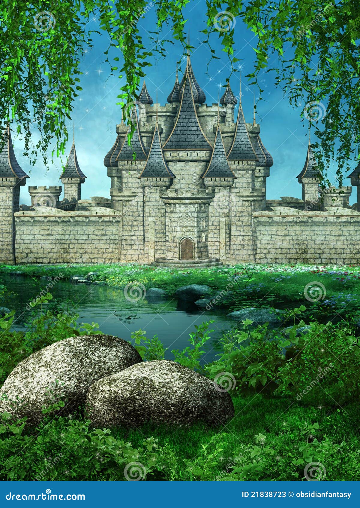 Fairytale Castle With Three Towers, With A Princess, With Flags, Gates ...