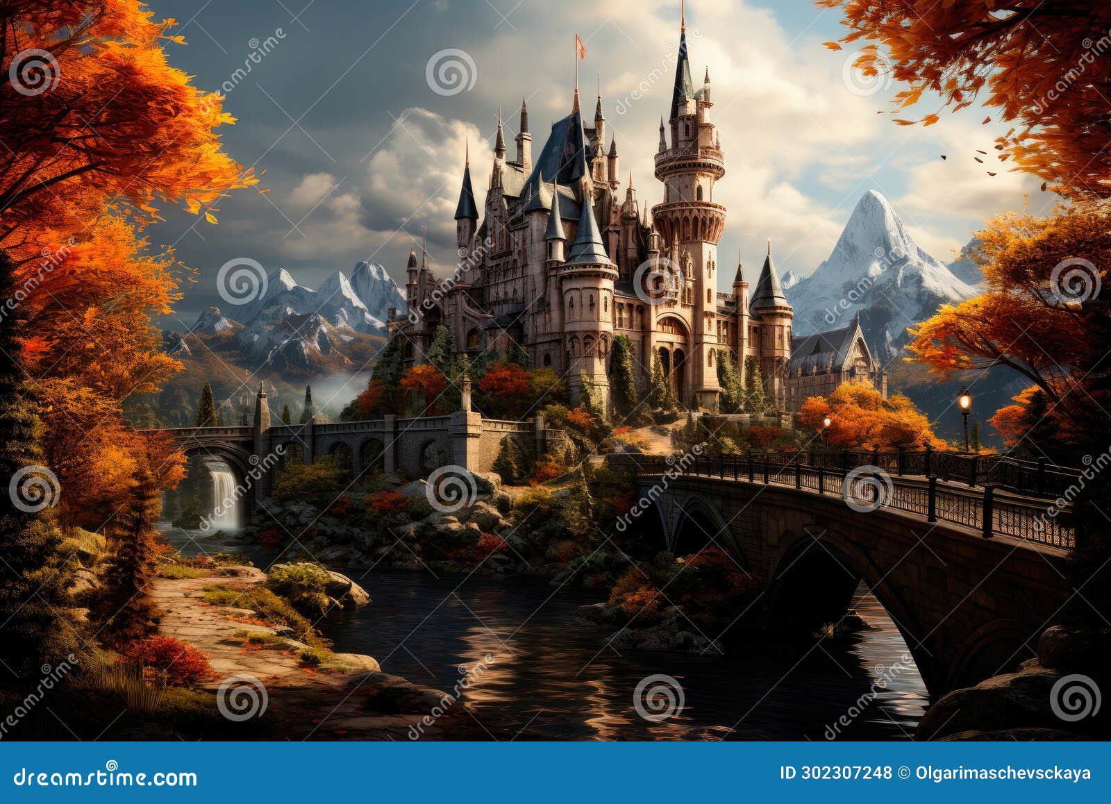 Fairytale Castle among the Mountains Along the River Stock Illustration ...