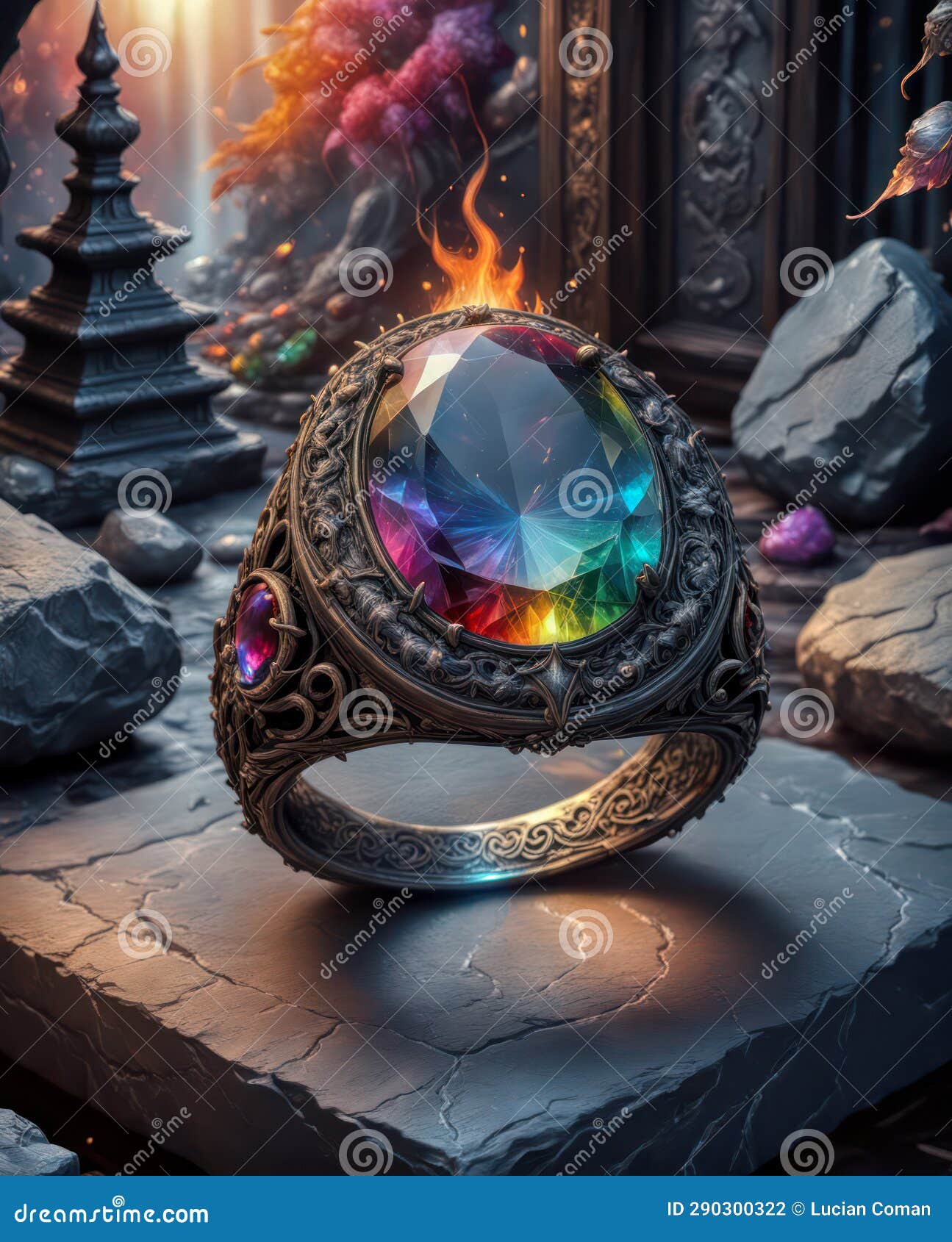 Fairytale Diamond Ring on Slate Stone in a Medieval Setting Fire and ...
