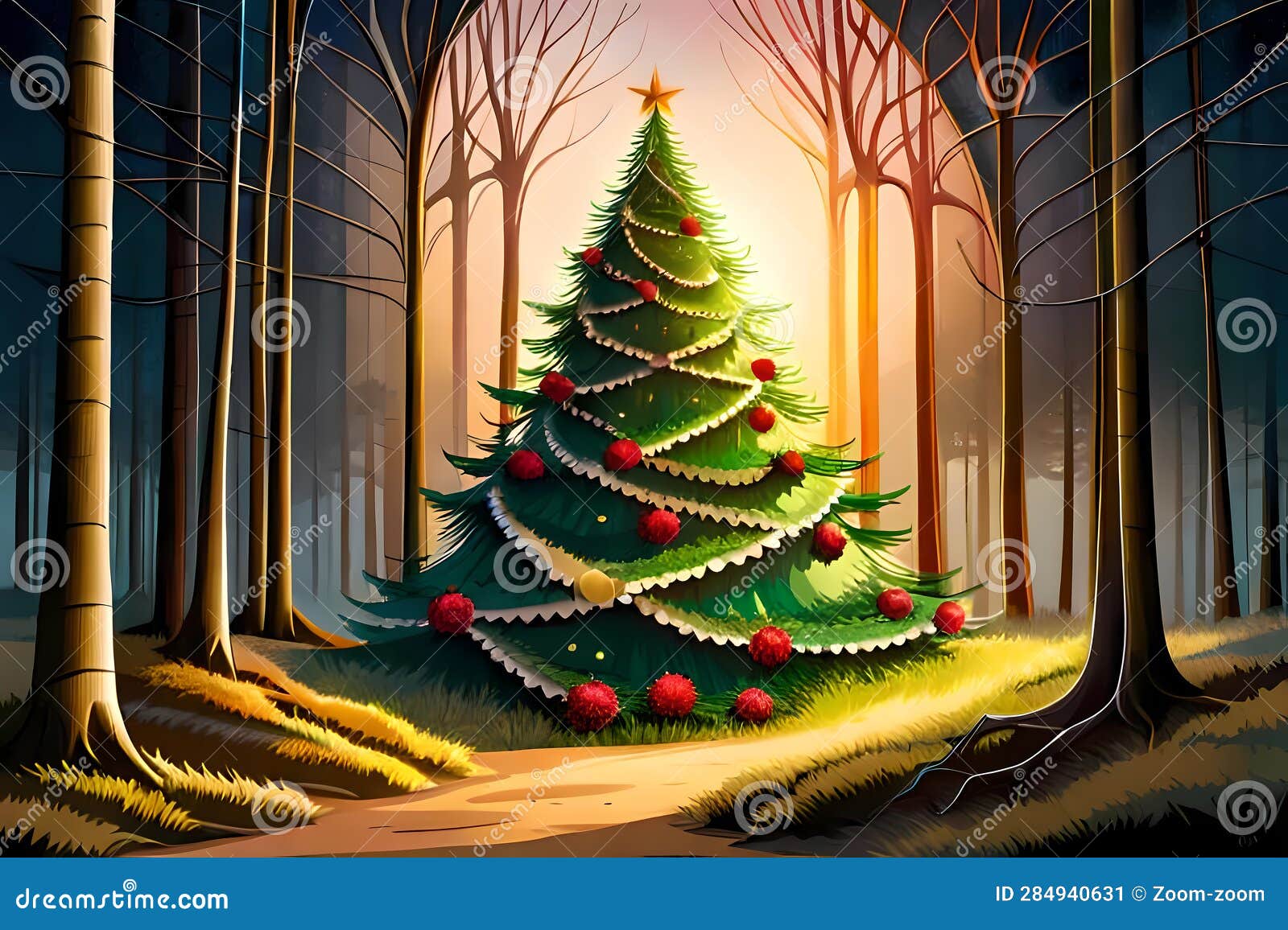 Fairytale Forest with Christmas Tree Stock Image - Image of landscape ...