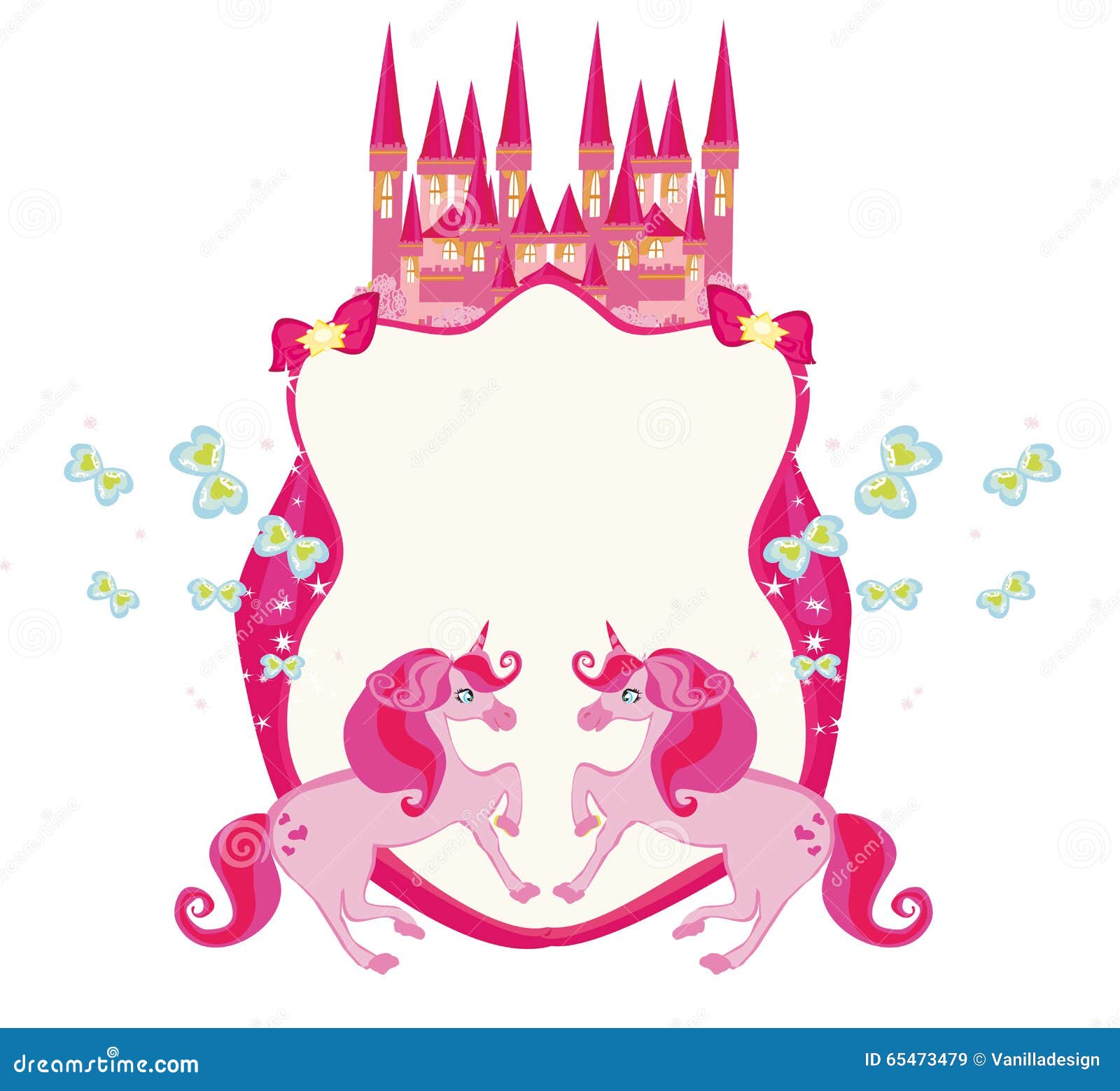 Fairytale Frame with Pink Castle and Unicorns Stock Vector ...