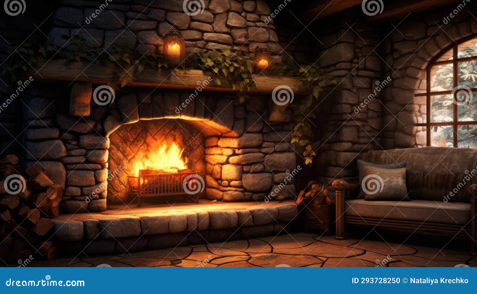 Fairytale Hut with Stone Fireplace and Cozy Atmosphere. Stock Photo ...