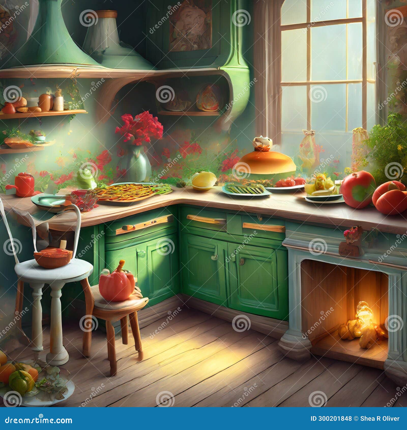 Fairytale Kitchen with Plenty of Food Stock Illustration - Illustration ...
