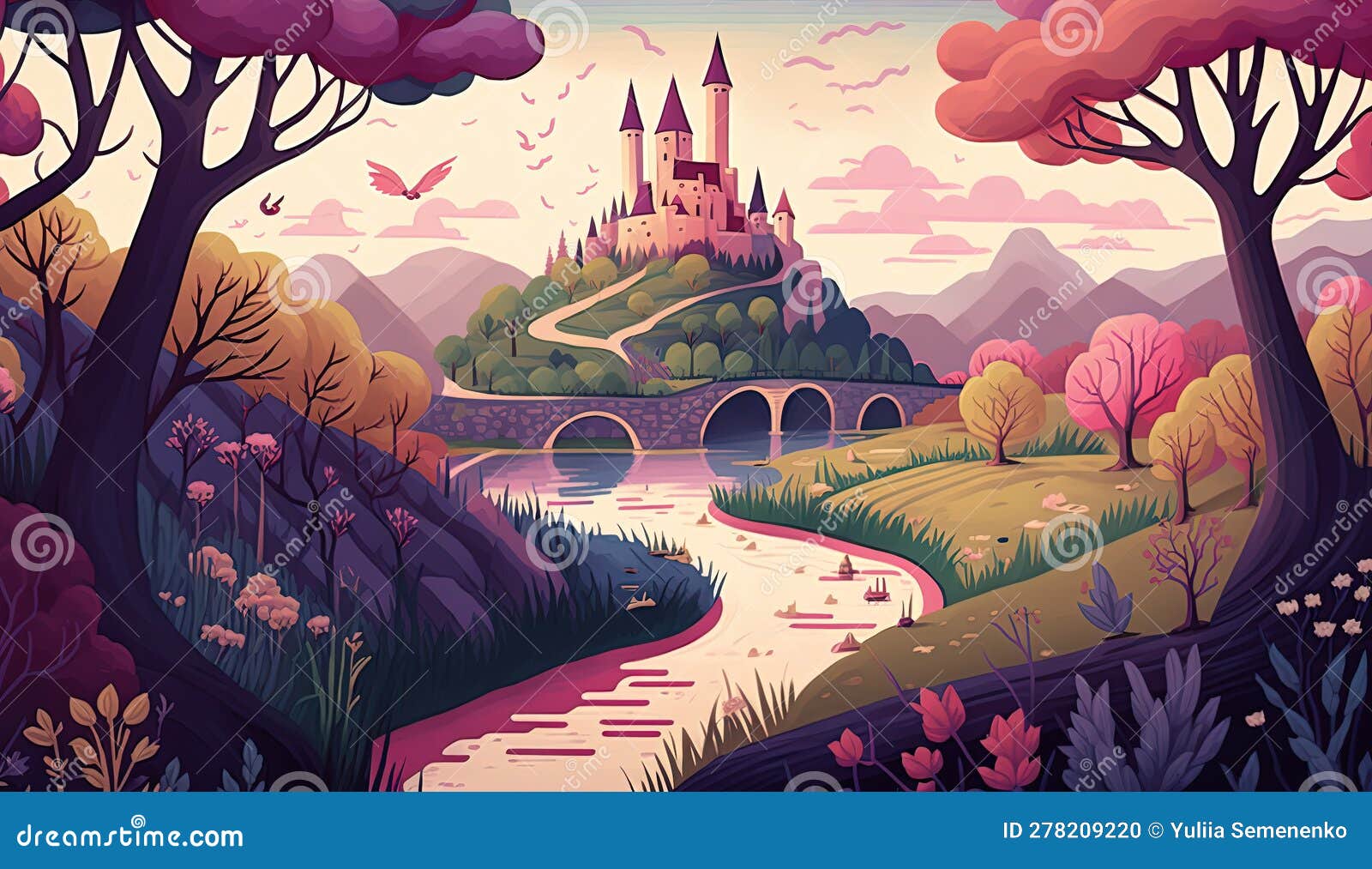 Fairytale Landscape with Castle and River. Cartoon Vector Illustration ...