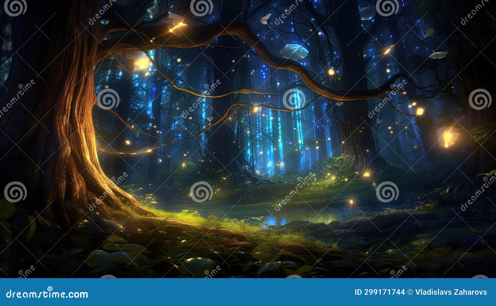 Fairytale Lights of Firefly in a Dark Forest Stock Illustration ...
