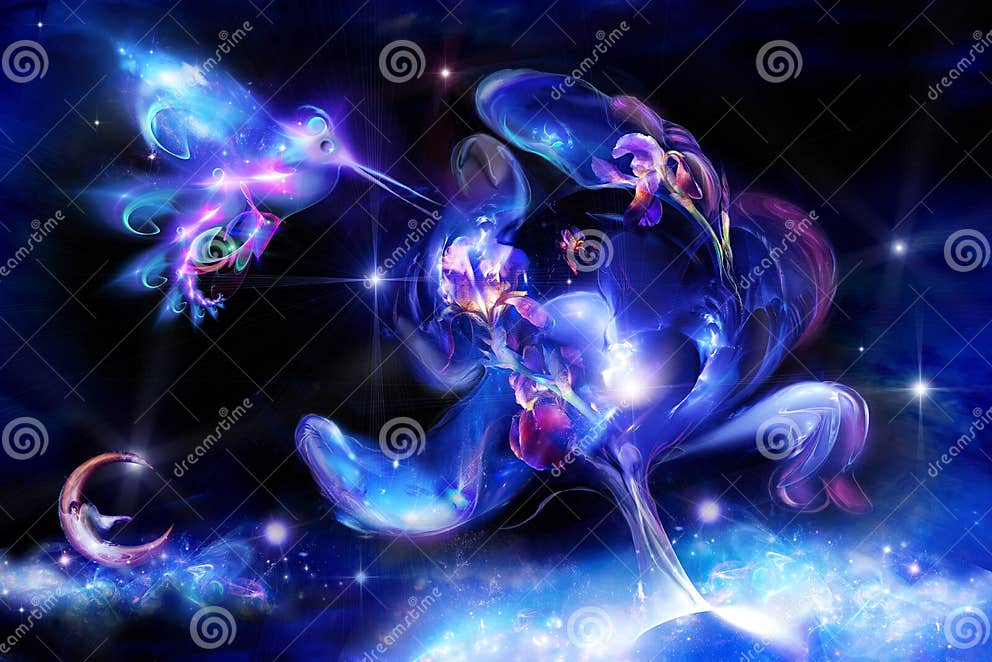 Fairytale Luminous Iris and Humming-bird Stock Illustration - Illustration of floral, flora ...